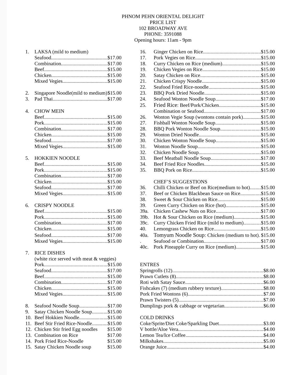 Menu at Phnom Penh Oriental Delight Restaurant, Palmerston North