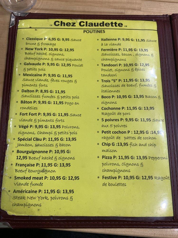 Menu au Restaurant Chez Claudette, Montréal