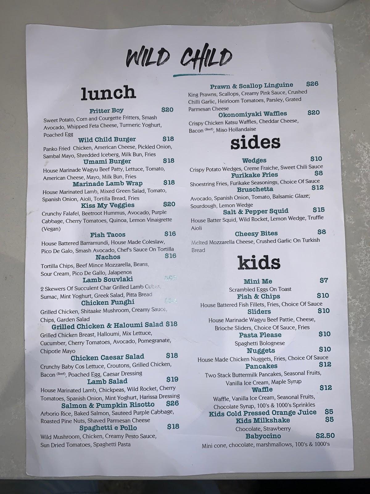 Menu at Wild Child eatery cafe, Georges Hall