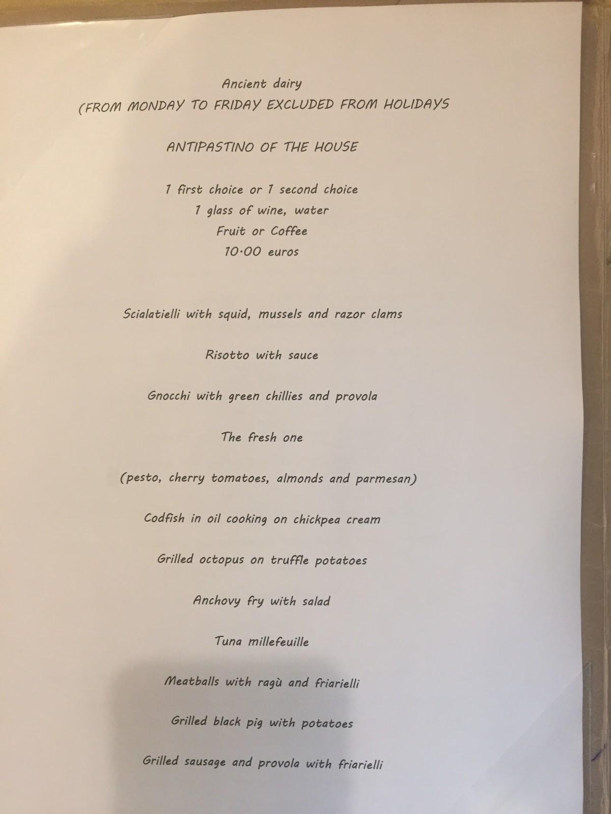 Menu da Antica Latteria ristorante, Napoli, Vico II Alabardieri