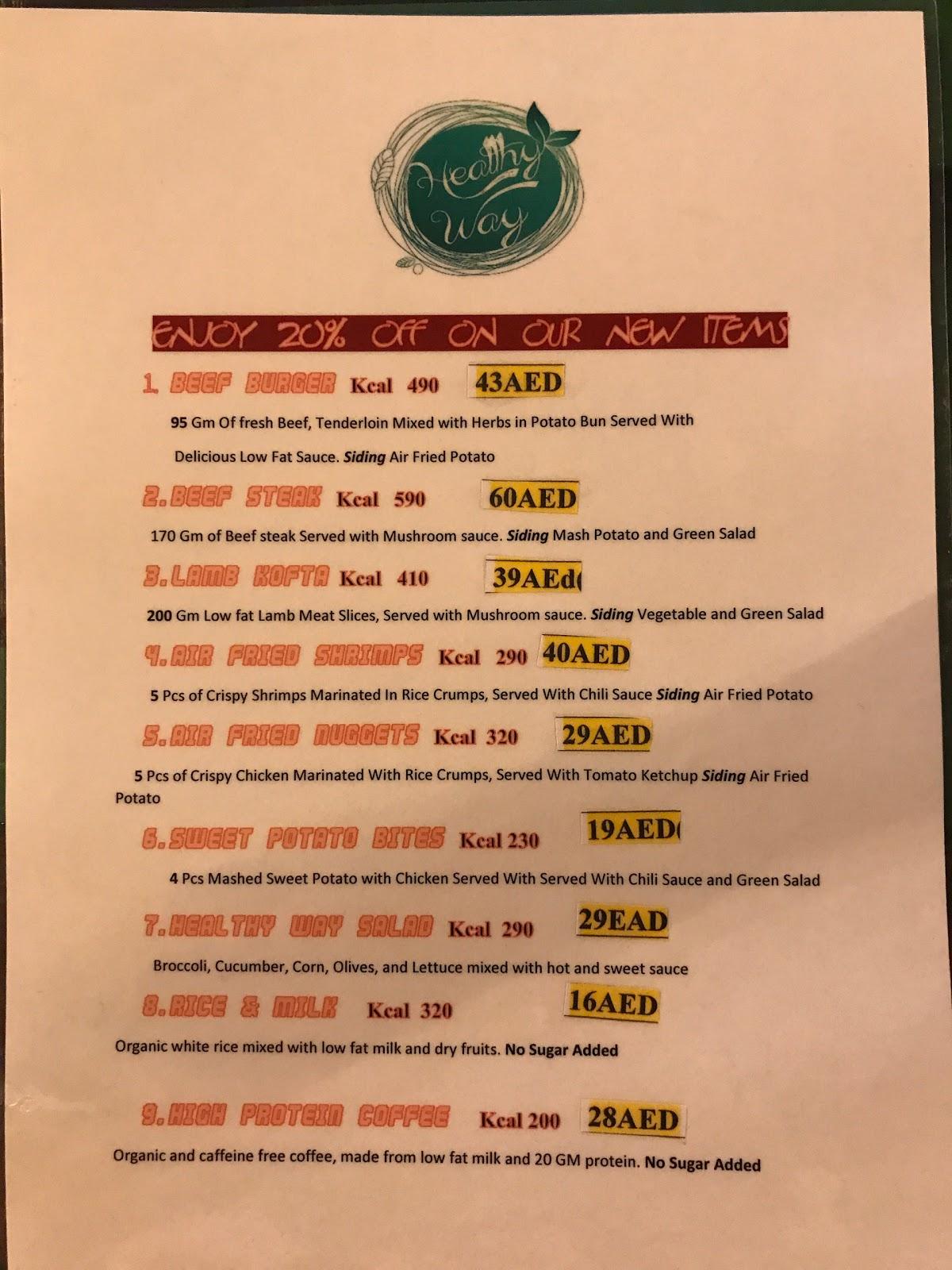 Menu at Healthyway restaurant, Abu Dhabi, Al Muroor Road