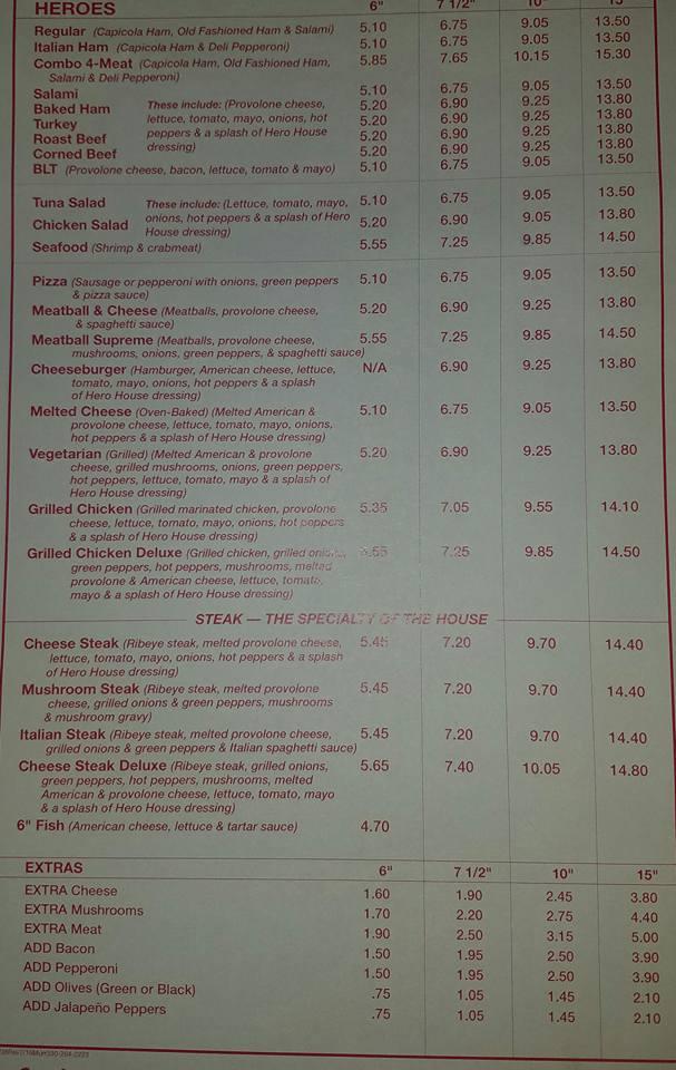 Menu at Hero House restaurant, Wooster