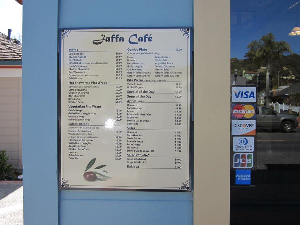 Menu at Jaffa Café restaurant, Arroyo Grande