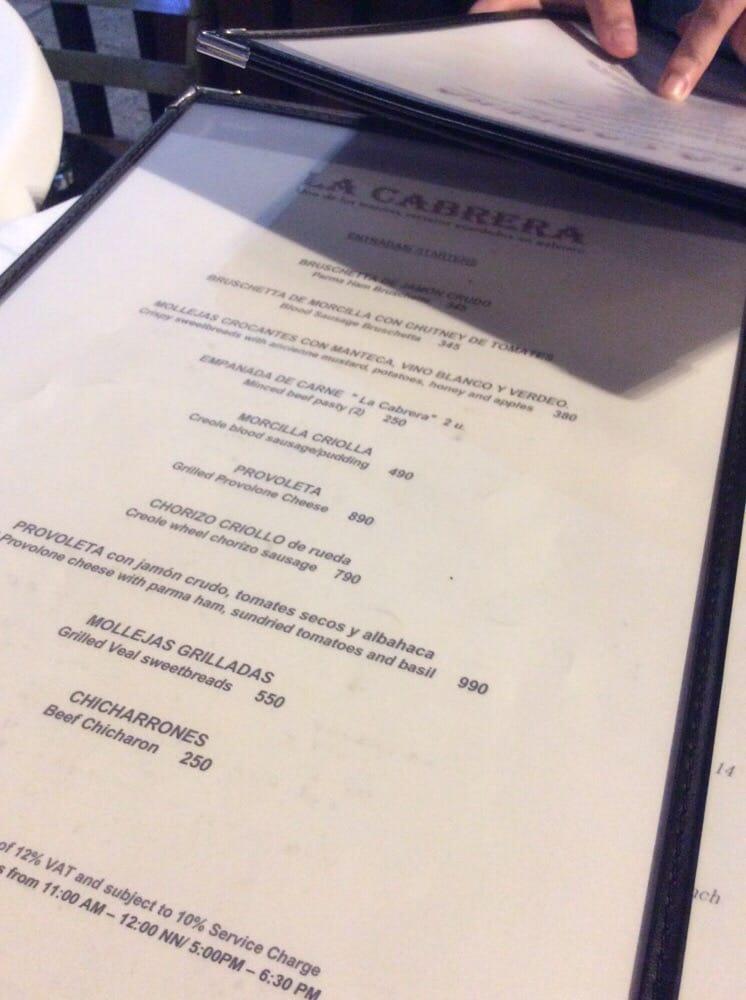 Menu at La Cabrera steakhouse, Makati, Ayala Avenue