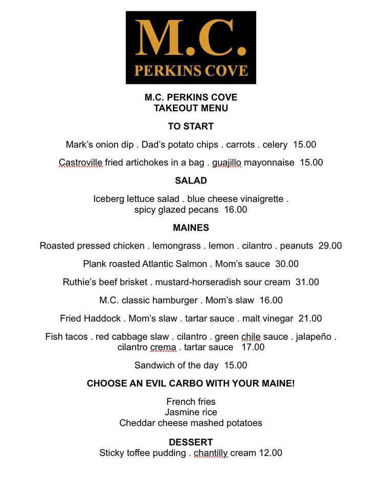 Menu at M.C. Perkins Cove restaurant, Ogunquit