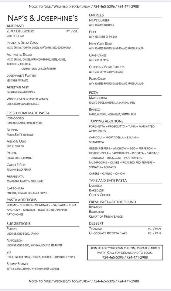 Menu at Nap's Cucina Mia restaurant, Indiana, Philadelphia St