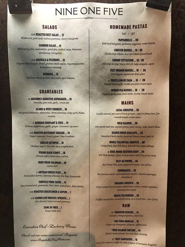 Menu at Nine One Five pub & bar, Key West