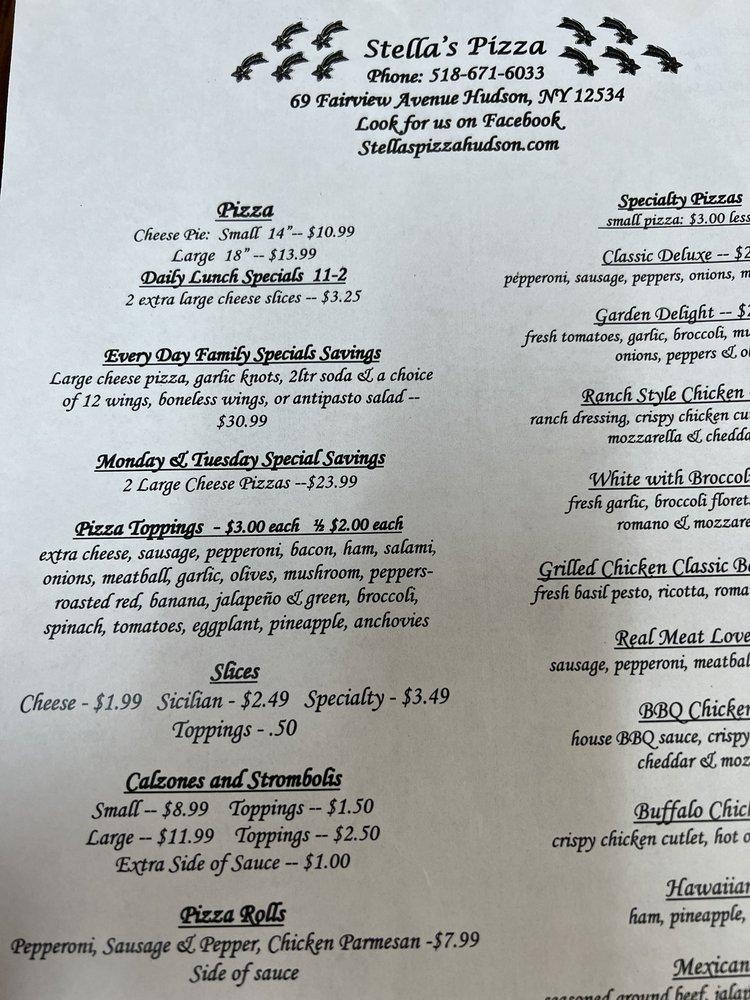 Menu at Stella's Pizzeria, Hudson