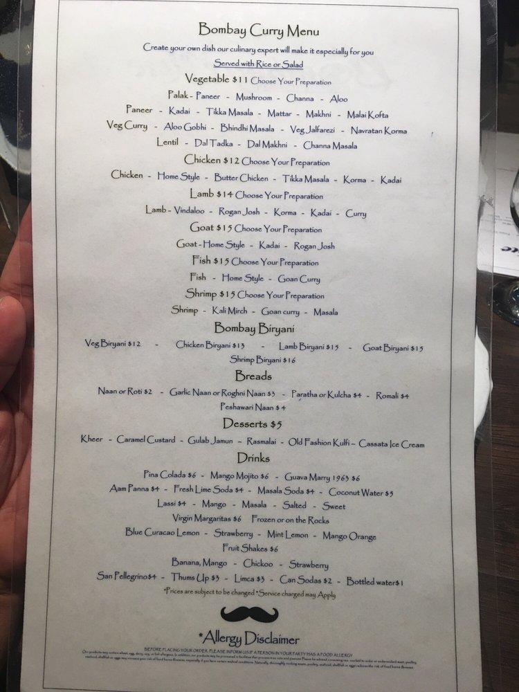 Menu at Bombay Blue restaurant, Edison