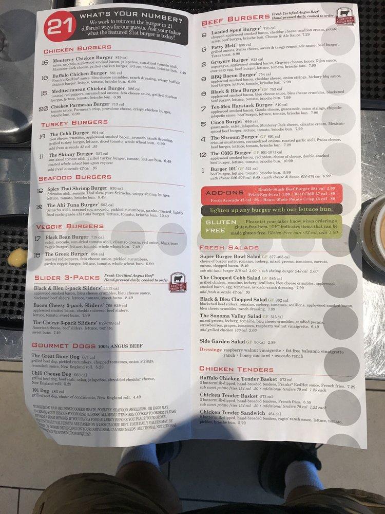 Menu at Burger 21 restaurant, Orland Park