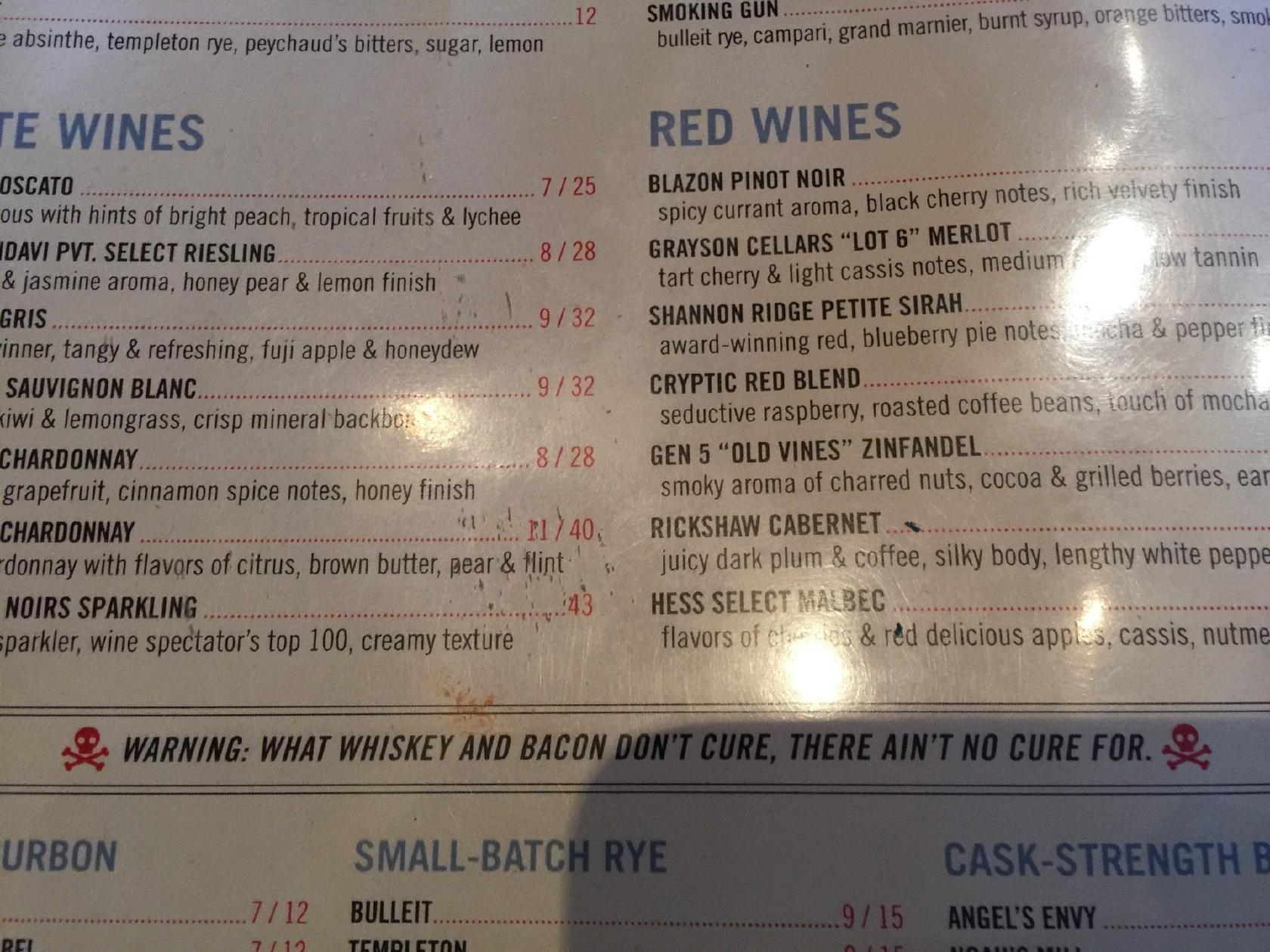 Menu at Char Bar, Kansas City