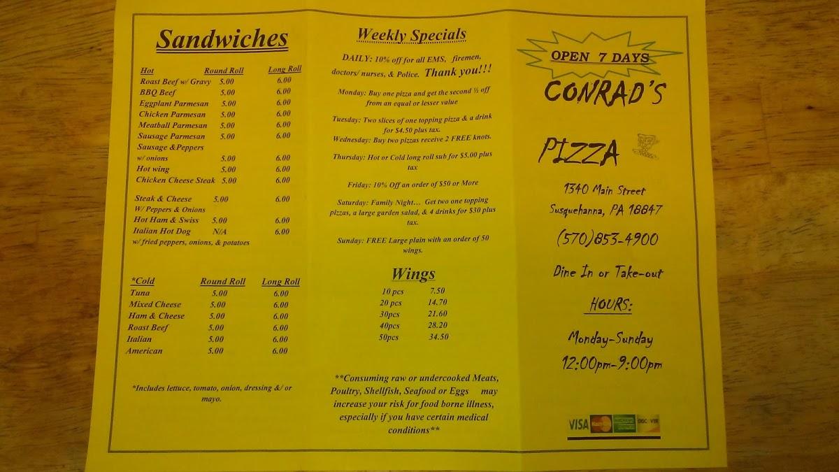Menu at Conrad's Pizza pizzeria, Susquehanna