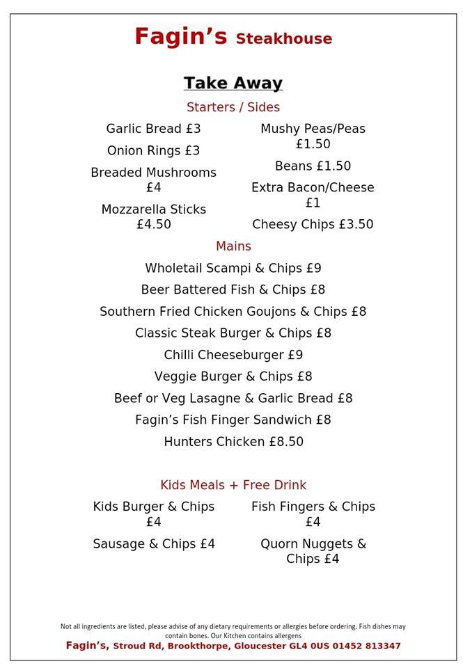 Menu at Fagin's pub & bar, Gloucester, Stroud Road