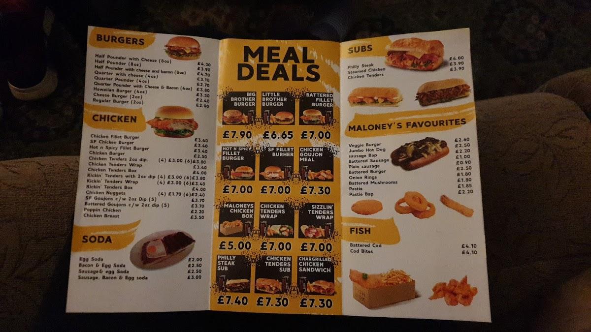 Menu at Maloney's Chippy fast food, Glengormley