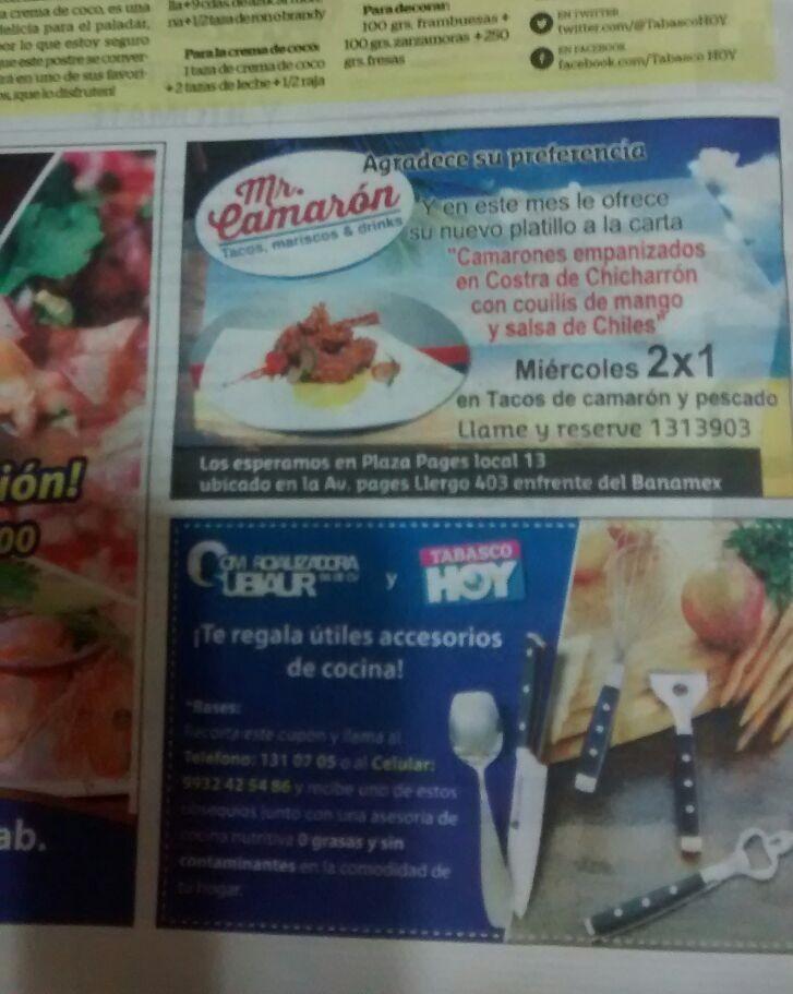 Menu at Mr Camarón restaurant, Villahermosa