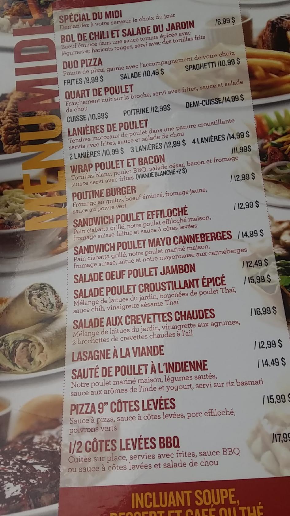 Menu au Restaurant Le Coq Rôti, Cowansville