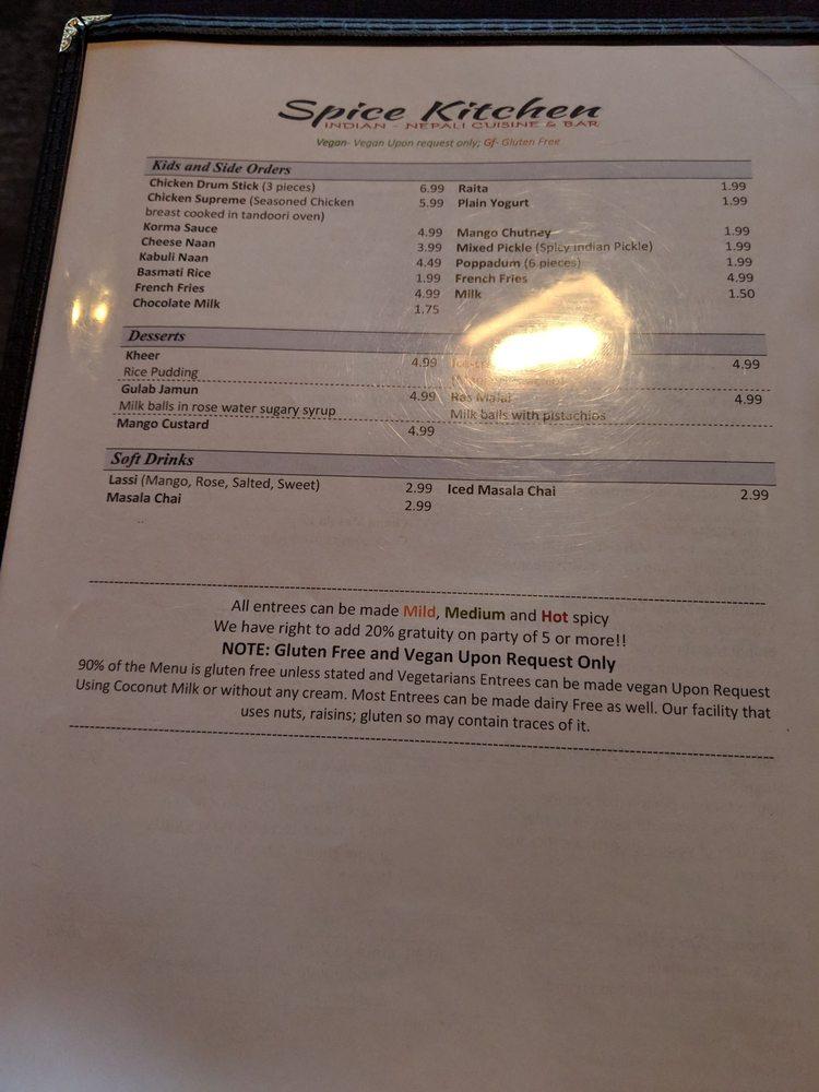 Menu at Spice Kitchen restaurant, Parker