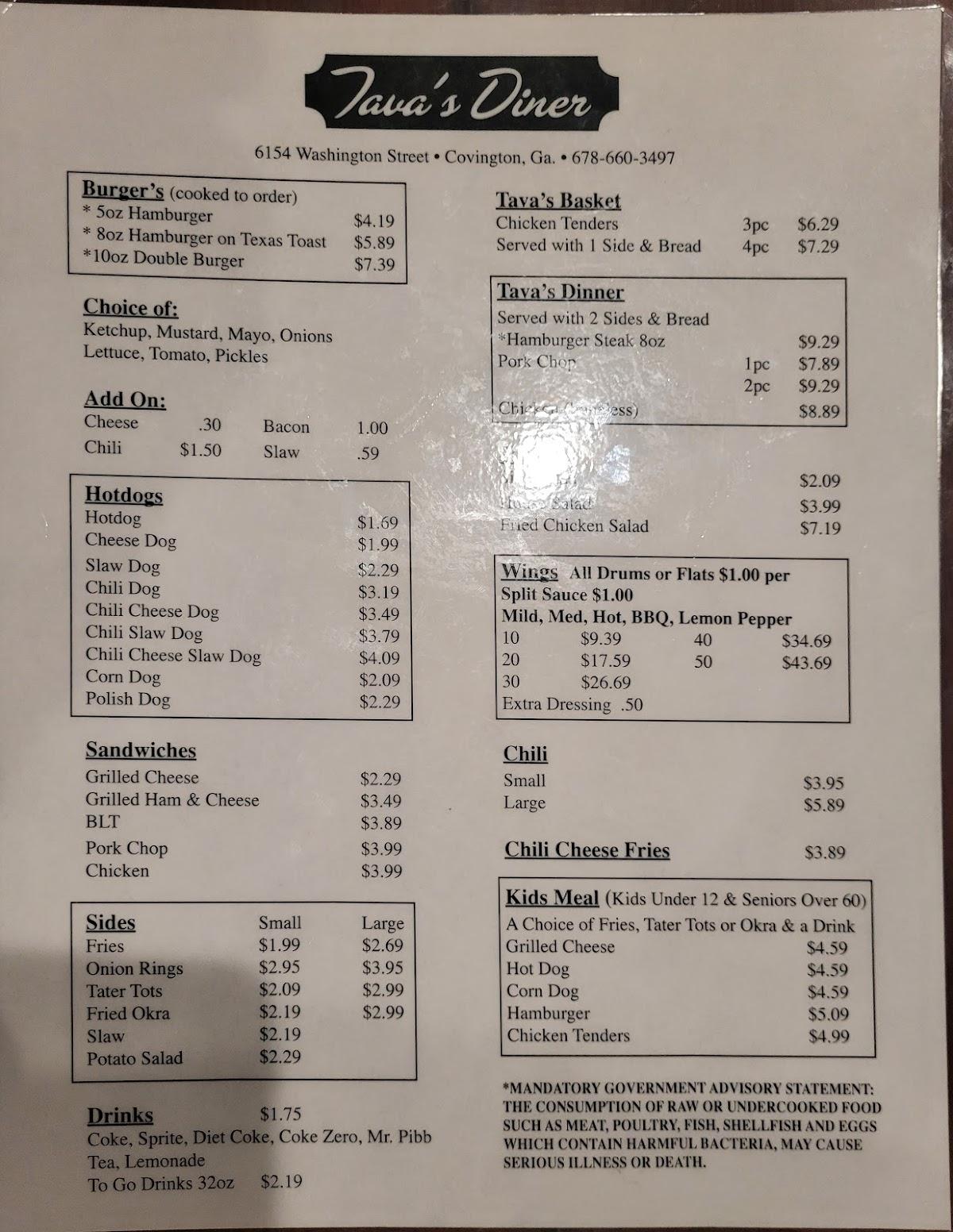 Menu at Tava's Diner restaurant, Covington, Washington St SW