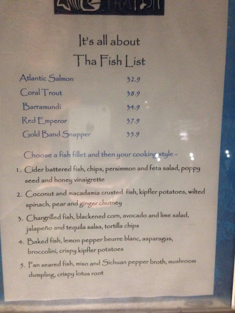 Menu at Tha Fish restaurant, Cairns, The Pier Shopping Centre