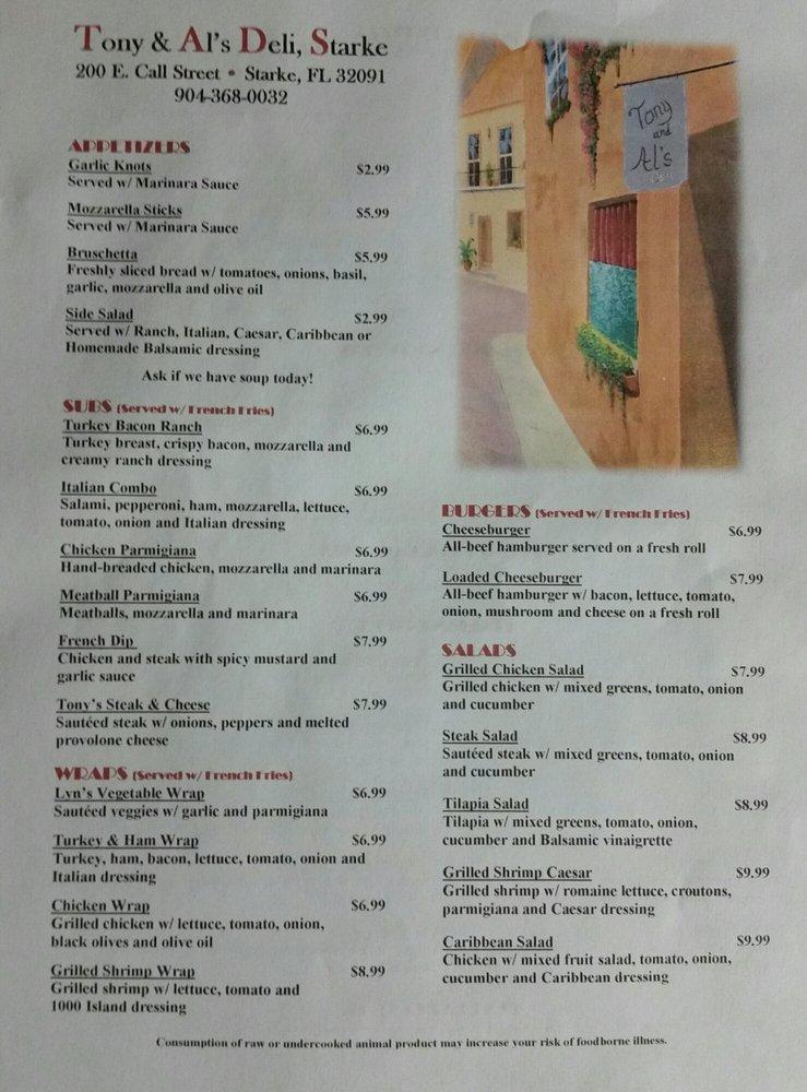 Menu at Tony and Al's Deli pizzeria, Starke