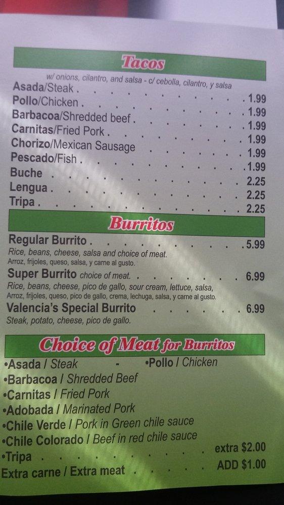 Menu at Valencia's Taqueria restaurant, Citrus Heights, Greenback Ln C