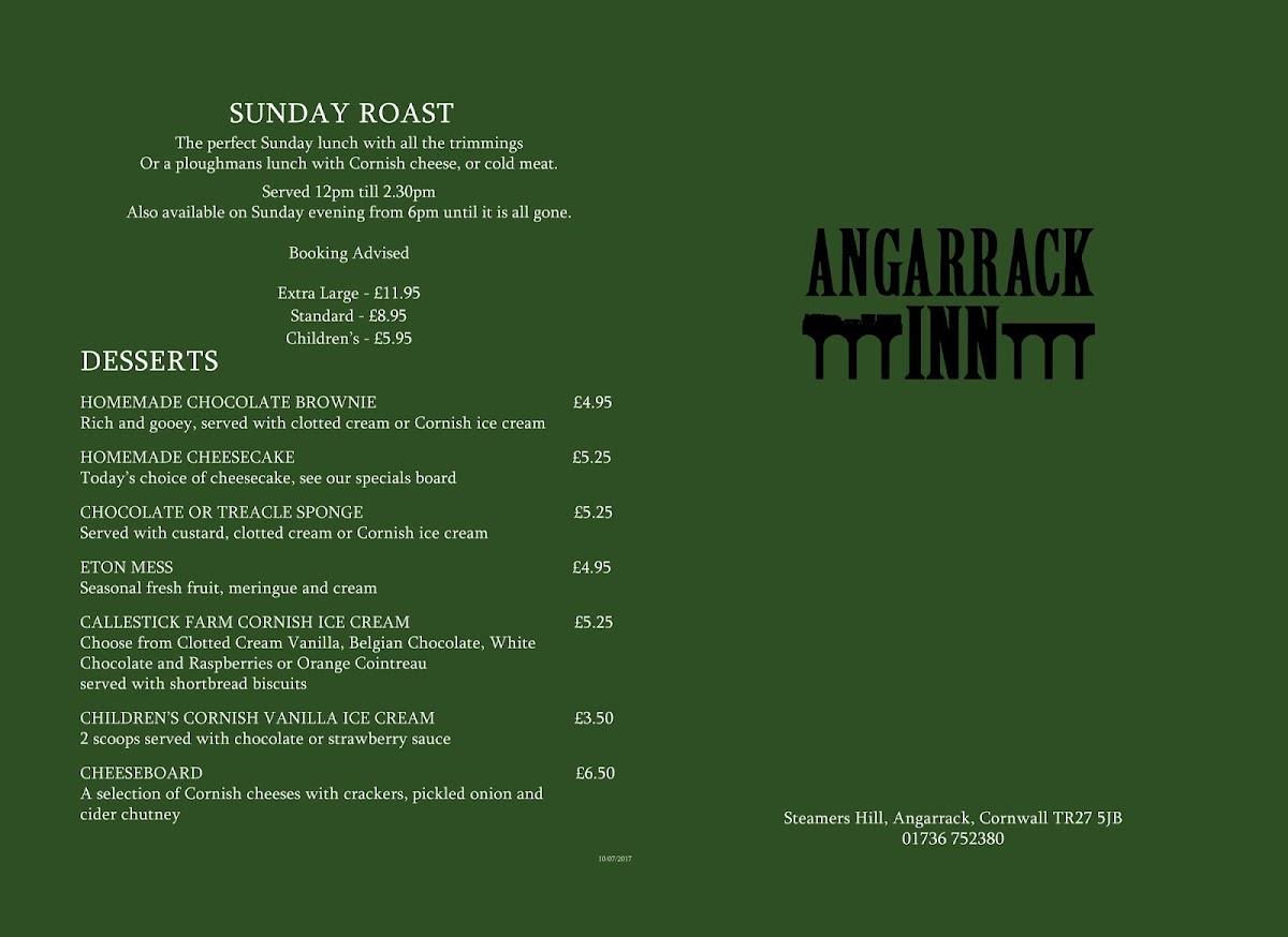 Menu at Angarrack Inn pub & bar, Hayle