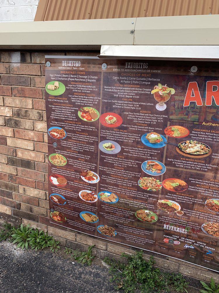 Menu at Arandas Taqueria restaurant, Lubbock, 34th St