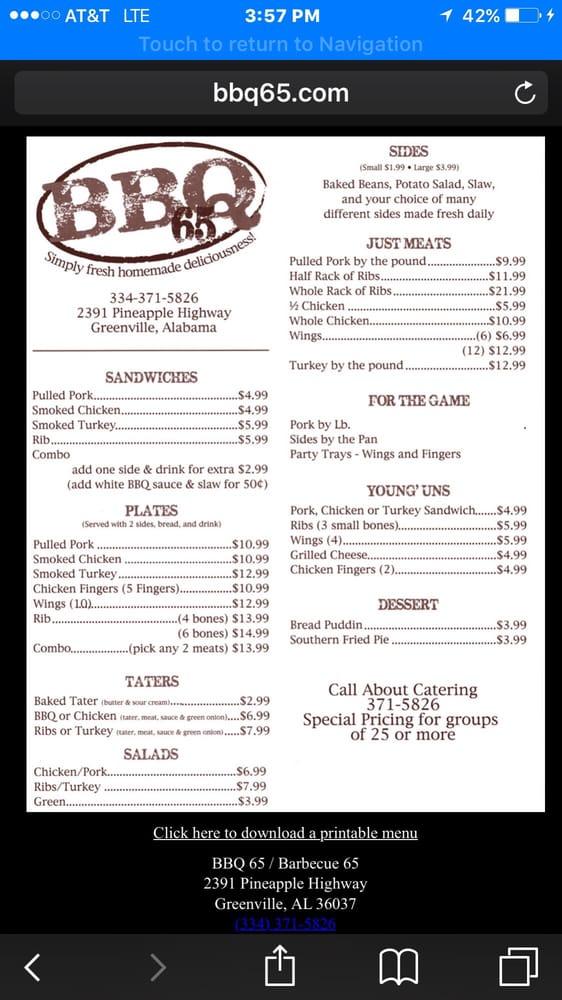 Menu at BBQ 65, Greenville