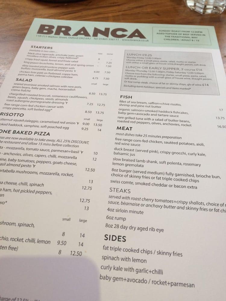 Menu at Branca Bar, Restaurant and Deli, Oxford, 111 Walton St