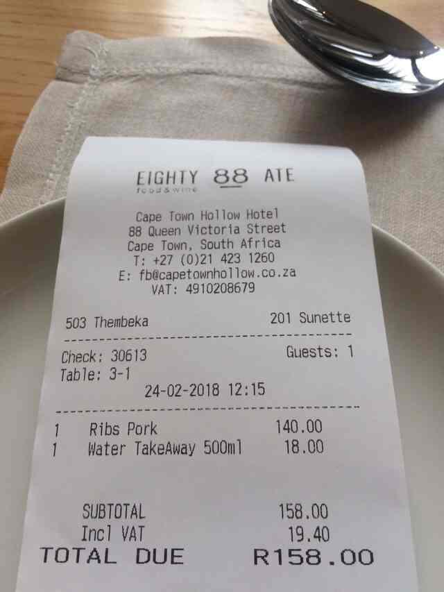 Menu at Eighty-Ate Restaurant, Cape Town