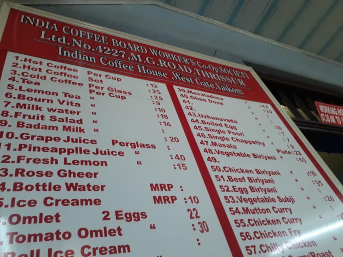 Menu at Indian Coffee House, Vaikom, P9XR+V76