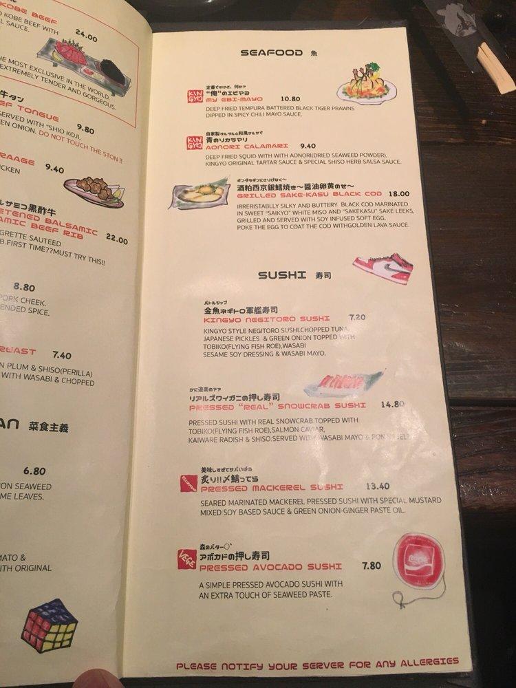 Menu at Kingyo restaurant, Vancouver