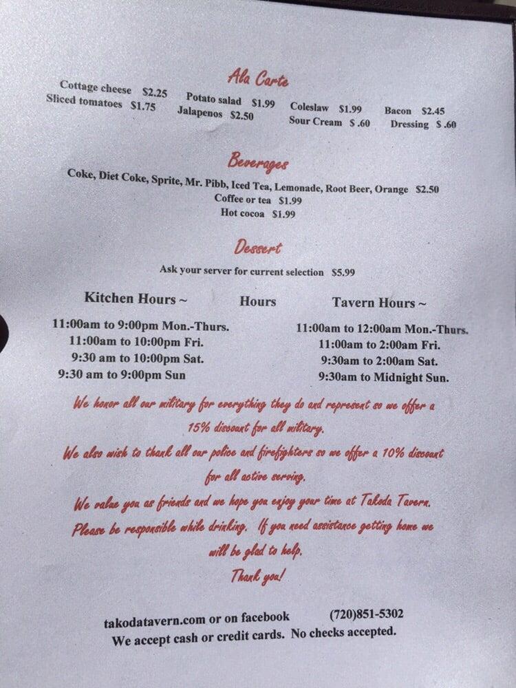 Menu at Takoda Tavern pub & bar, Parker, Pine Bluffs Way