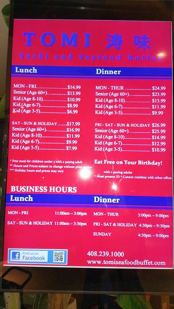 Menu at Tomi Sushi & Seafood Buffet restaurant, San Jose, Eastridge ...
