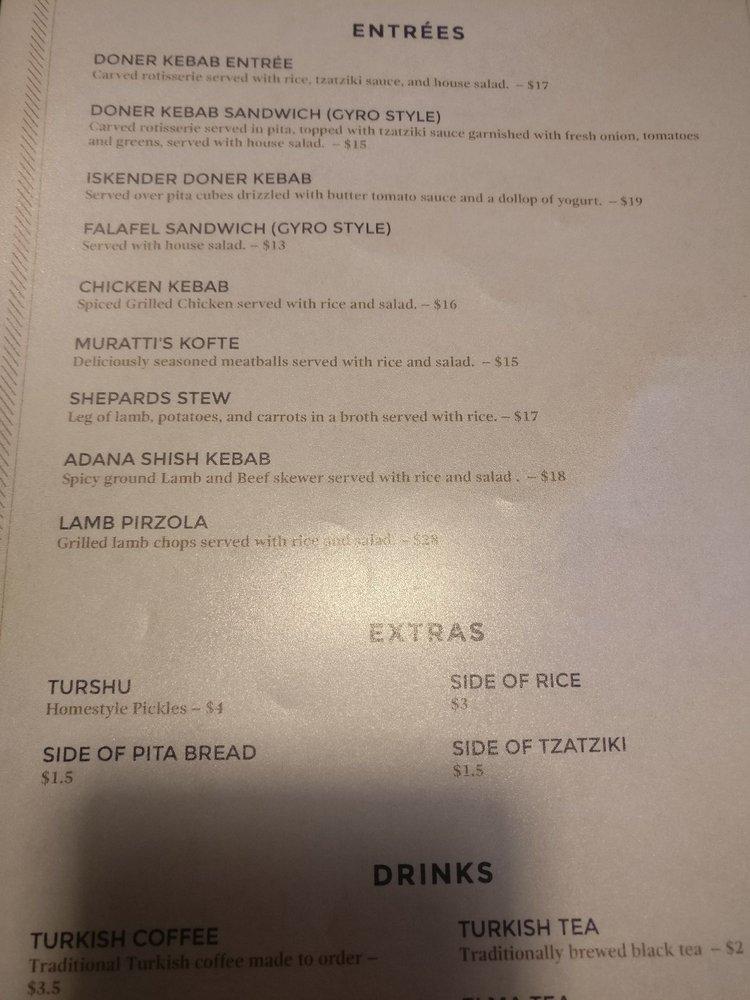 Menu at Turkish Delight restaurant, Anchorage