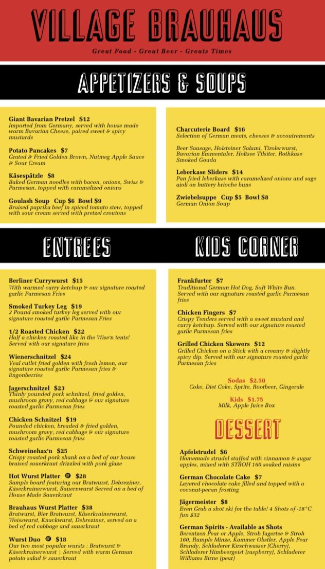 Menu at Village Brauhaus pub & bar, Alexandria