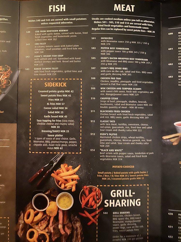 Menu at Egon restaurant, Tromsø, Storgata 50