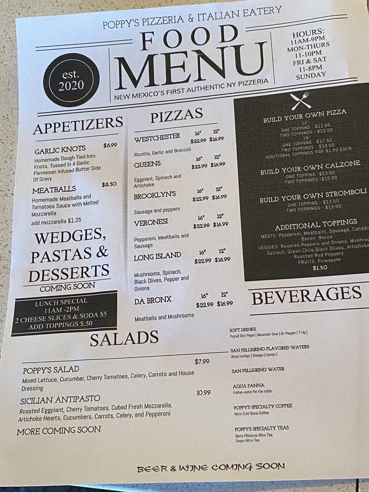 Menu at Poppy's Healthy Meals pizzeria, Albuquerque