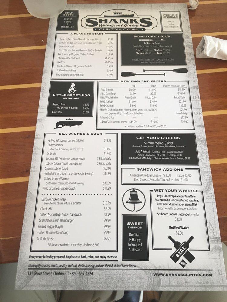 Menu at Shanks Waterfront Dining restaurant, Clinton