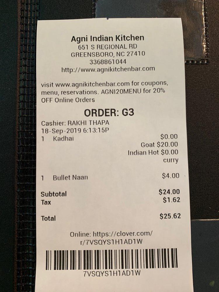 Menu at Agni Indian Restaurant & Bar, Greensboro
