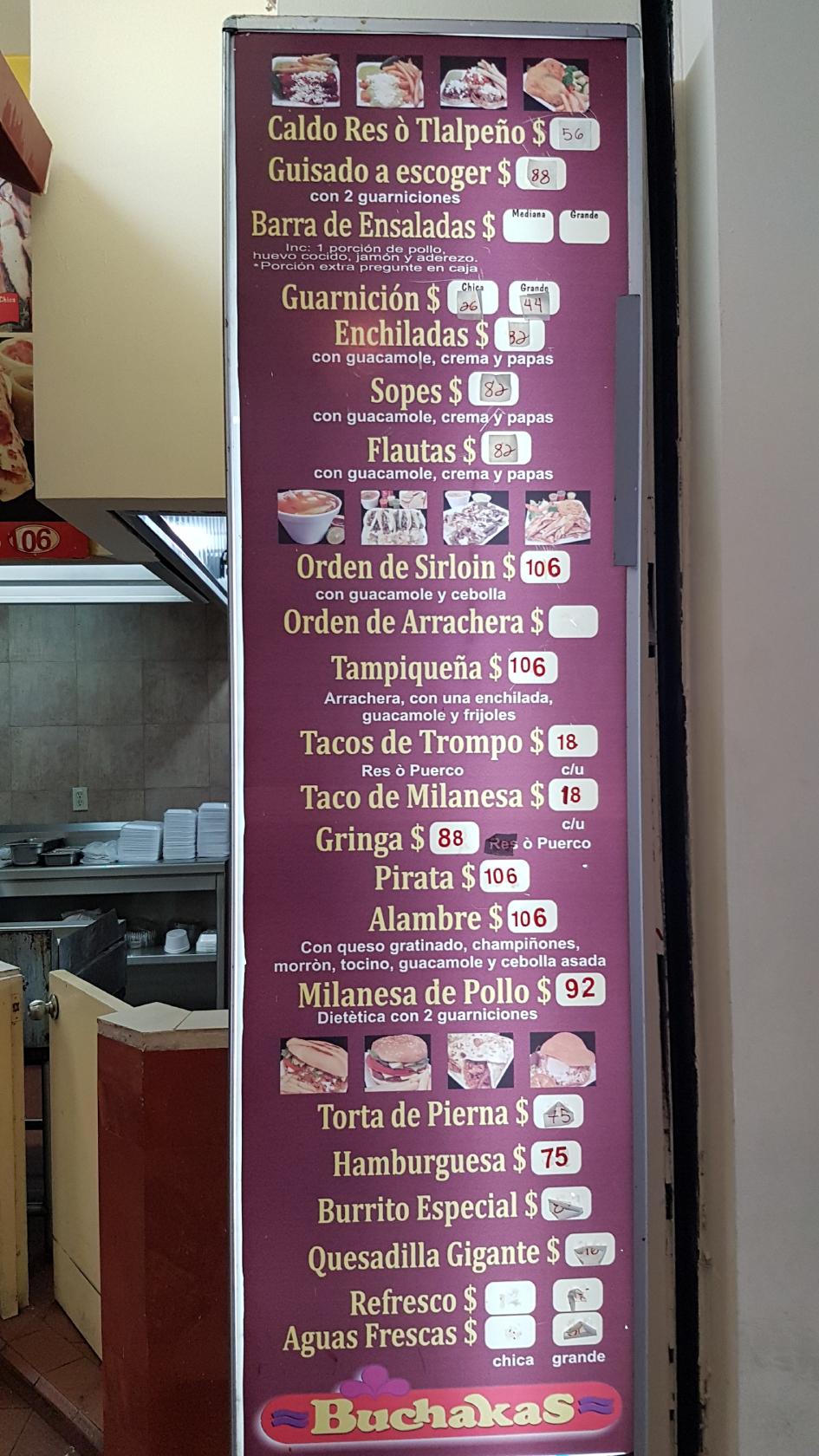 Menu at Buchakas fast food, Monterrey, Plaza Real Monterrey