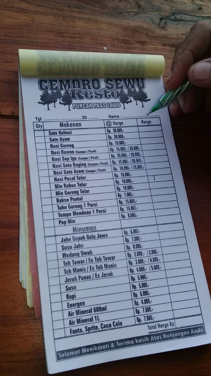 Menu at CEMORO SEWU RESTO, puncak pass LAWU restaurant, Sarangan