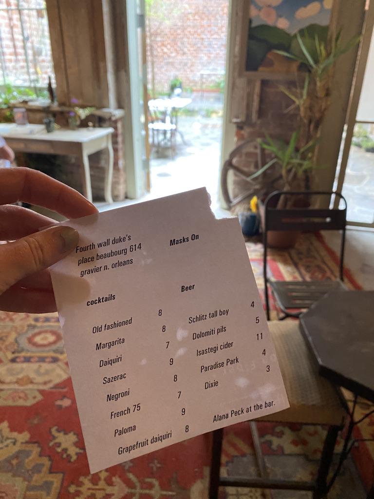 Menu at Fourth Wall cafe, New Orleans