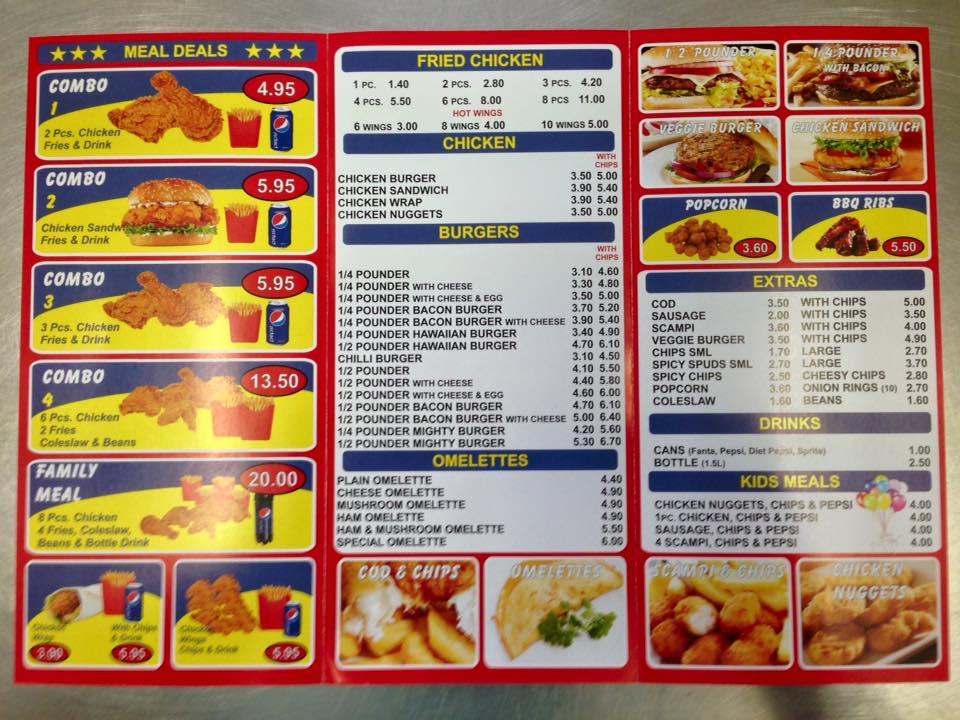 Carta de comida rápida Funky Chicken Bude, Bude