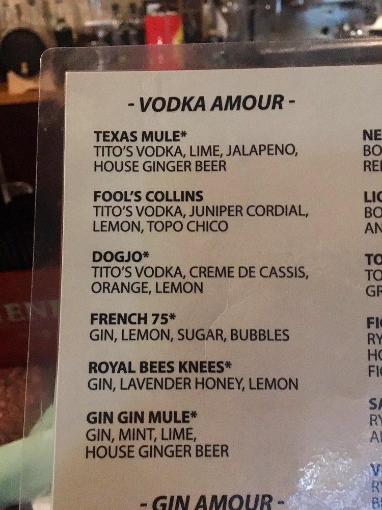 Menu at Péché pub & bar, Austin