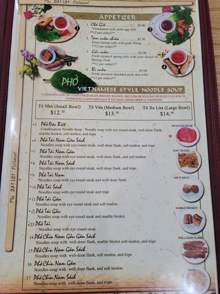 Menu at Pho Dai Loi #3 restaurant, Duluth