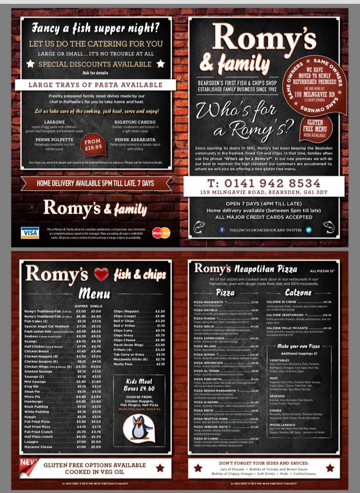 Menu at Romy's & Family Fish And Chips restaurant, Glasgow