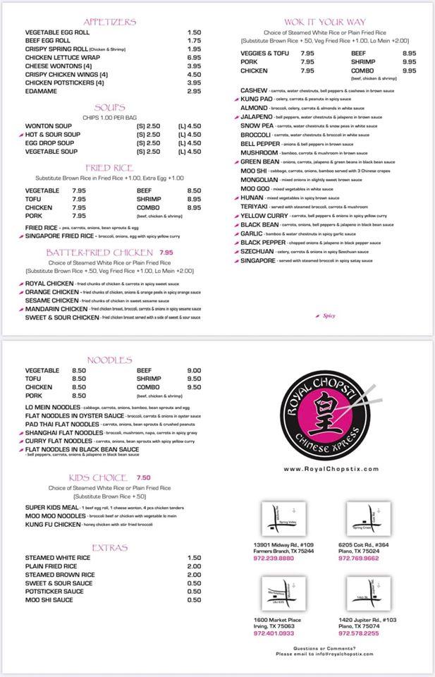 Menu at Royal Chopstix fast food, Farmers Branch, Midway Rd #109
