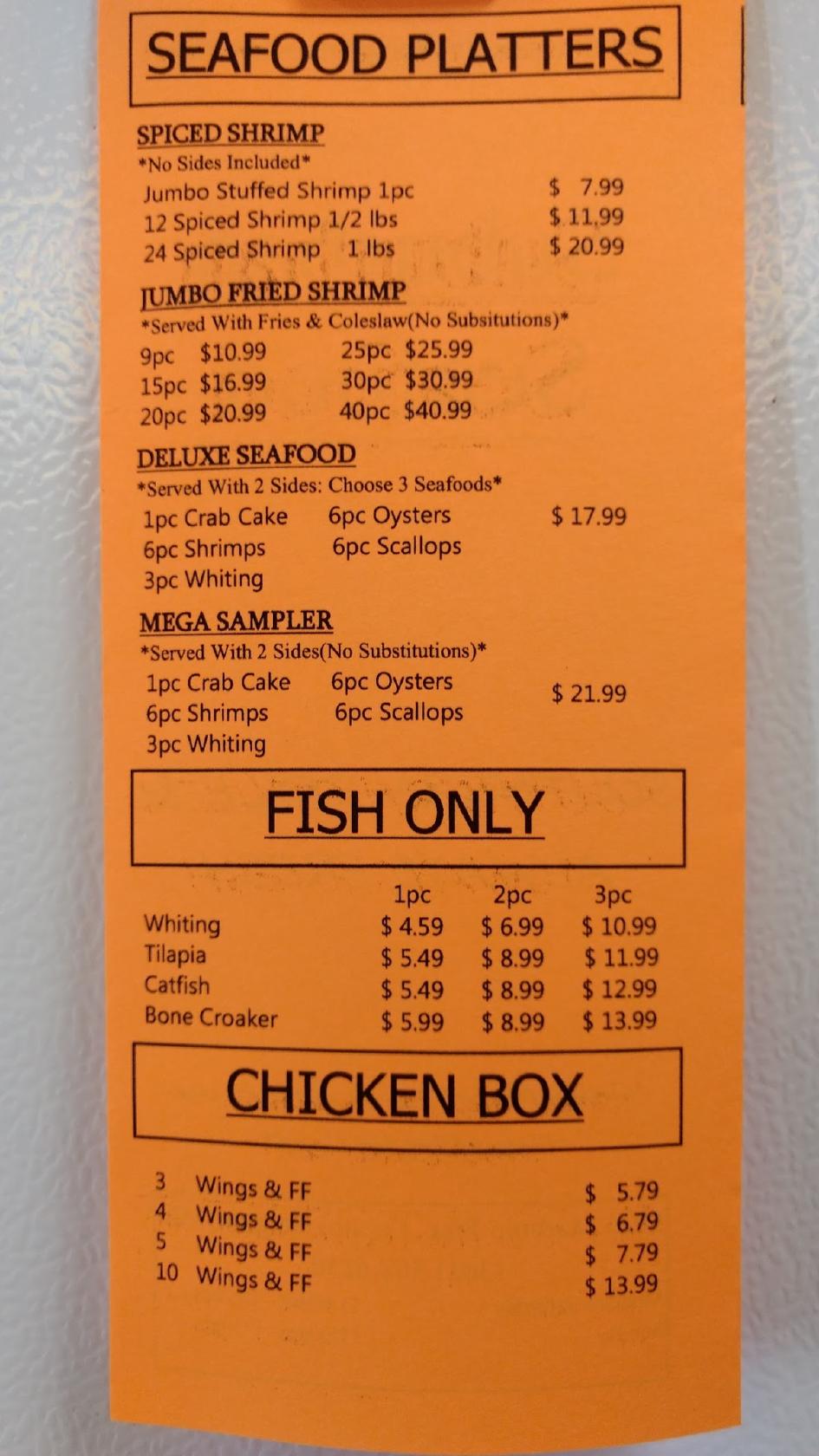 Menu at Suburban Seafood restaurant, Capitol Heights