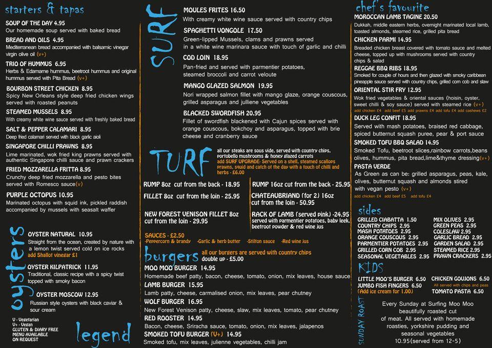 Menu at Surfing Moo Moo restaurant, Lyndhurst